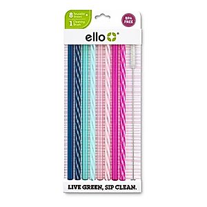 Ello Impact Reusable Hard Plastic Straws with Cleaning Brush, 8 Piece, Rosewater