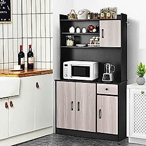COSTWAY Freestanding Buffet with Hutch, Kitchen Pantry Storage Cabinet with 5-Position Adjustable Shelves, Kitchen Buffet Cabinet with Open Shelves, Doors and Drawer for Home (Black)