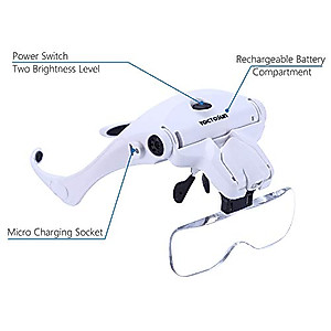 YOCTOSUN LED Head Magnifier, Rechargeable Hands Free Headband Magnifying Glasses with 2 Led, Professional Jeweler's Loupe Light Bracket and Headband are Interchangeable