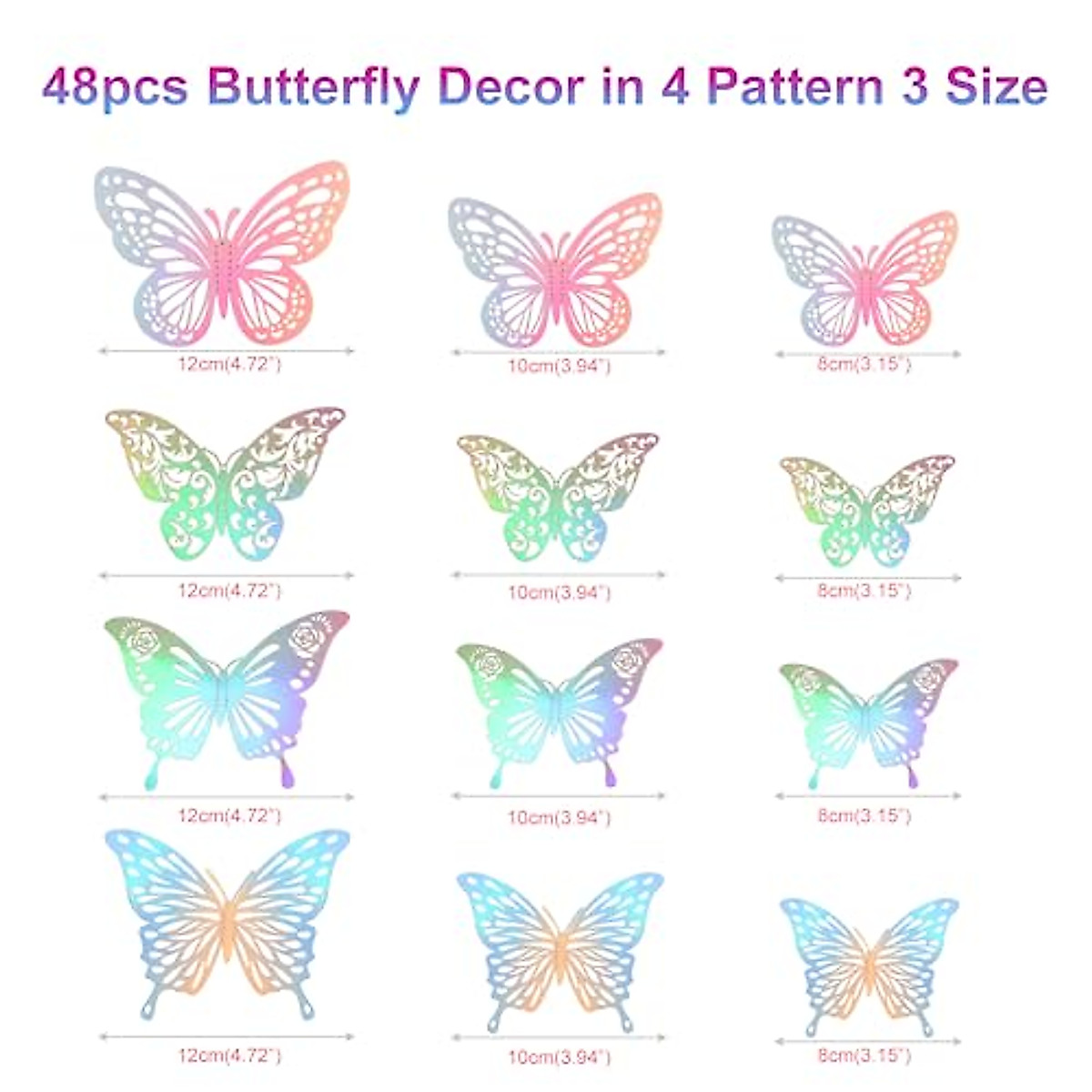 48Pcs 3D Butterfly Wall Stickers Laser Silver Butterfly Decors 4 Styles 3 Sizes Removable Butterfly Decorations Perfect for Birthday Wedding Party Classroom Girls Bedroom Decor