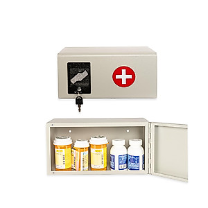 Medicine Lock Box for Medication Lock Box with Key - Wall Mounted Locking First Aid Medicine Cabinet, Secured Prescription Storage for Peace of Mind Around Kids at Home, School (White)