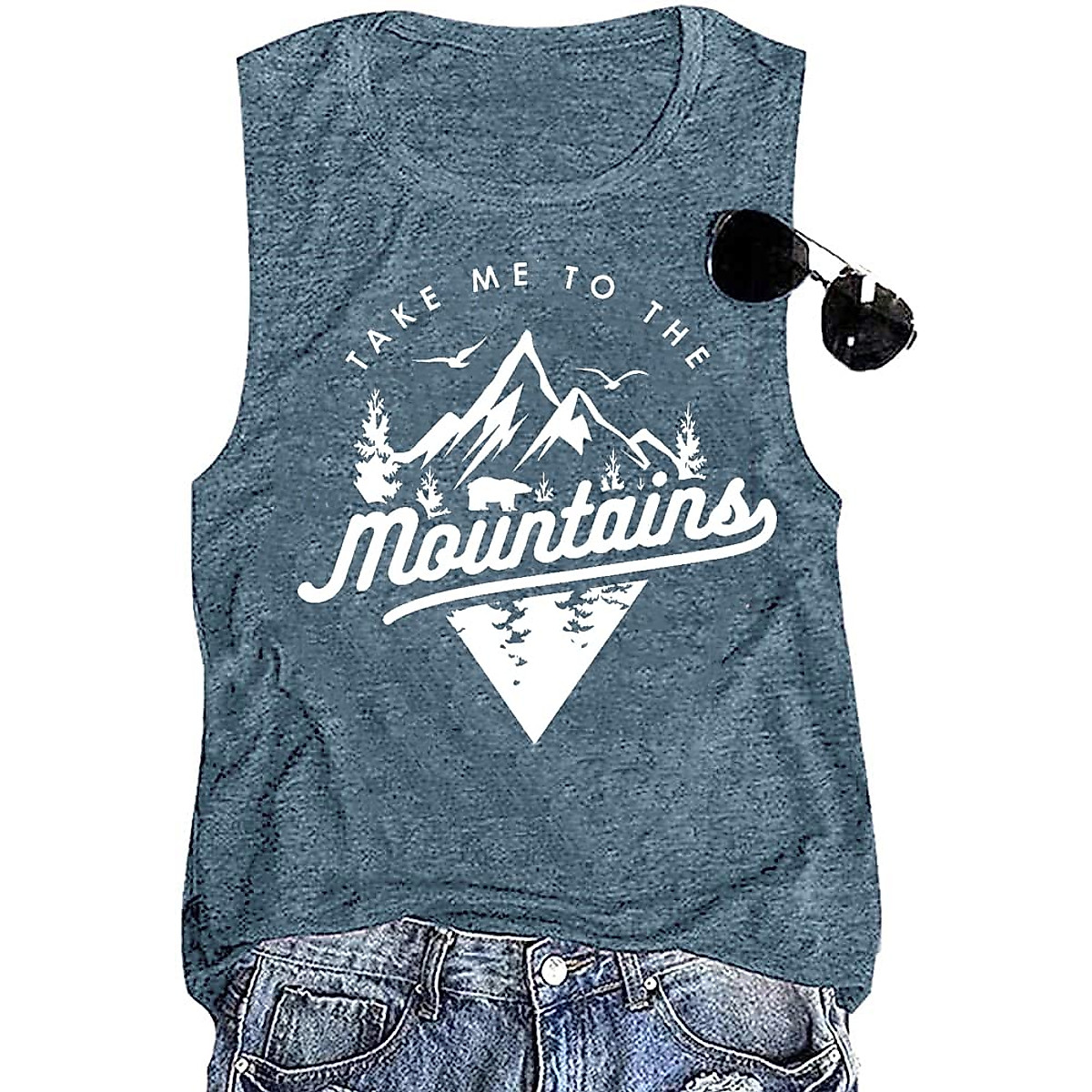 Summer Travel Camping Adventure Tops for Women Casual Girls Trip Mountain Natural Scenery Bear Graphic Tank Tops Cotton Sleeveless Loose Fit Plus Size Top Shirts Blue,XL