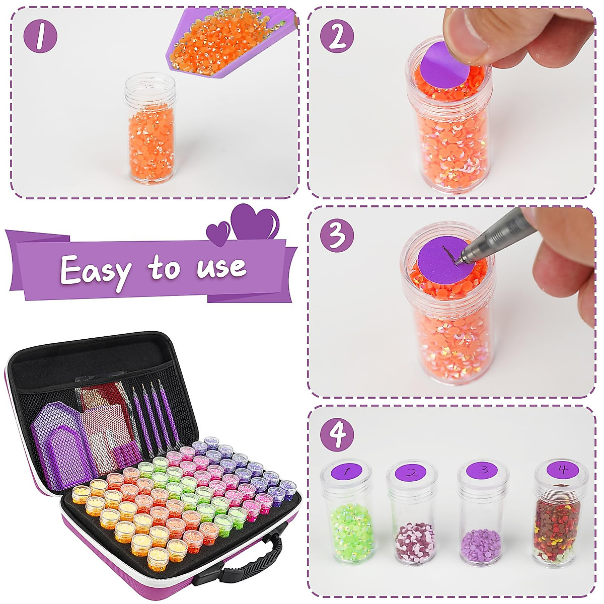 HOHOTIME 60 Slots Diamond Painting Storage Container, Diamond Art Accessories Organizer with Tools Kit, Portable Diamond Painting Kits, Blue Diamond Storage Case for DIY Craft Jewelry Beads (Purple)