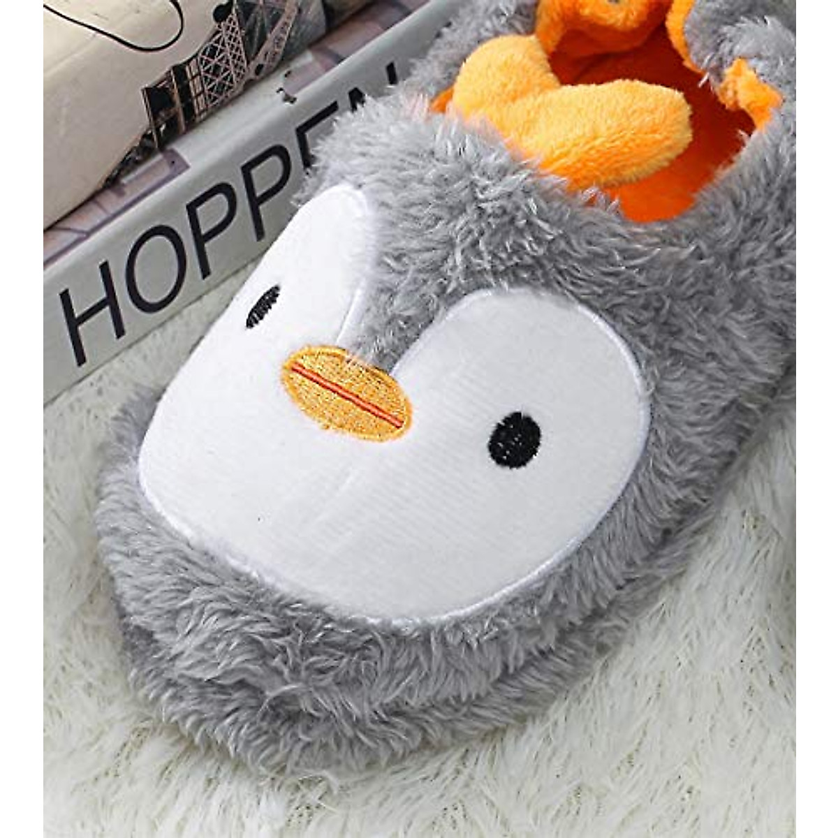 DADAWEN Toddler Boys Girls Soft Plush Slippers Cartoon Cute Animal Warm House Shoes Grey/Penguin US Size 11-12 Little Kid