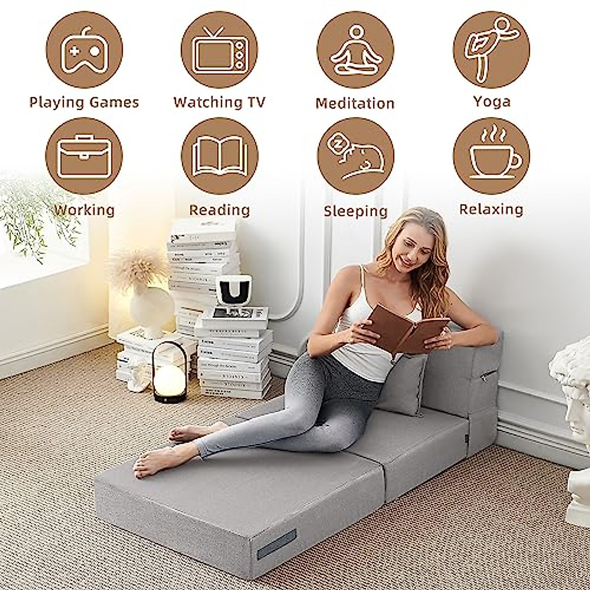 FILUXE Convertible Folding Sofa Bed - Sleeper Chair with Pillow, Modern Linen Fabric Floor& Futon Couch, Foldable Mattress for Living Room/Dorm/Guest Use/Home Office/Apartment, Single Size, Light Grey