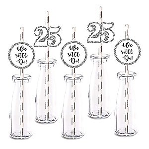 25th anniversary Straw Decor, 24-Pack silver 25th anniversary Party Supply Decorations, Paper Decorative Straws