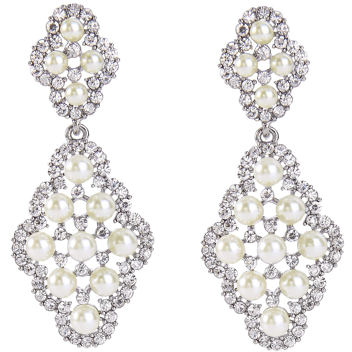 BriLove Wedding Bridal Simulated Pearl Earrings for Women Crystal Hollow Rhombus Chandelier Dangle Earrings Clear Silver-Tone Ivory Color
