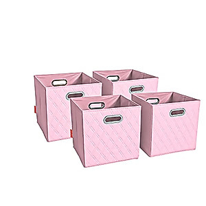JIAessentials Small 12-inch Pink Foldable Diamond Patterned Faux Leather Storage Cube Bins Set of Four with Handles with Dual Handles for living room, bedroom and office storage