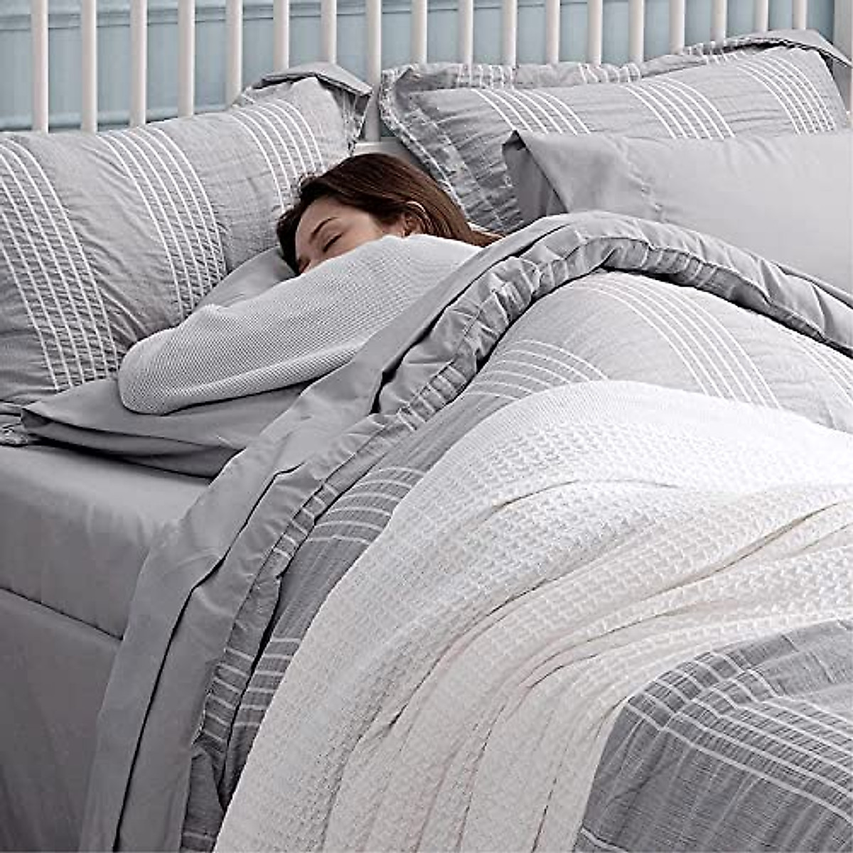 Bedsure Twin Bed in A Bag - Twin Comforter Sets 6 Piece Stripes Seersucker Bedding Set, Soft Lightweight Down Alternative Comforter Twin Bed Set(Grey 68x88 inch)