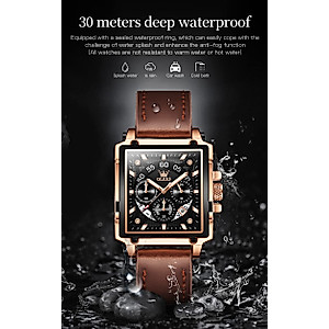 OLEVS Square Watches for Men Brown Leather Chronograph Fashion Business Watch Luminous Waterproof Casual Wrist Watches