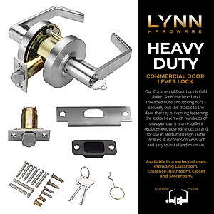 LYNN HARDWARE Commercial Door Lever Lock - Heavy-Duty Locking Door Handle, Designer Door Handles, Cylindrical Lever Lock, Non-Handed Grade 2 Door Handle, Satin Chrome, Storeroom Function