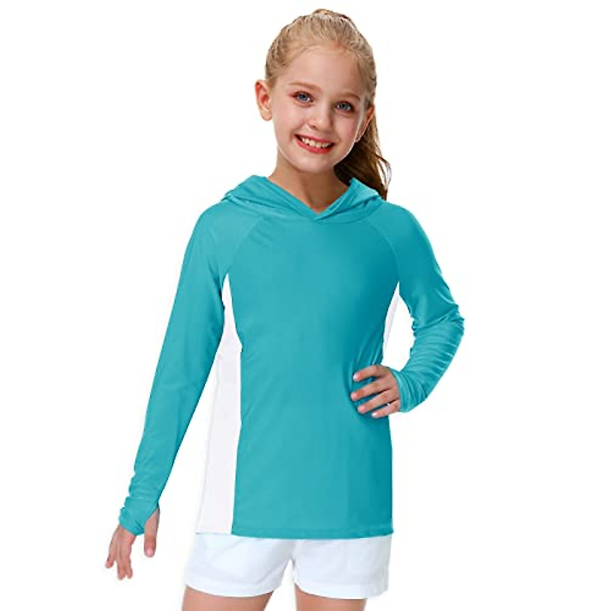 Kids Hooded Swim Shirt Long Sleeve Boys Girls Solid Color Rash Guard Tops Uv Protective Athletic Shirts Aqua White 7-8 Years
