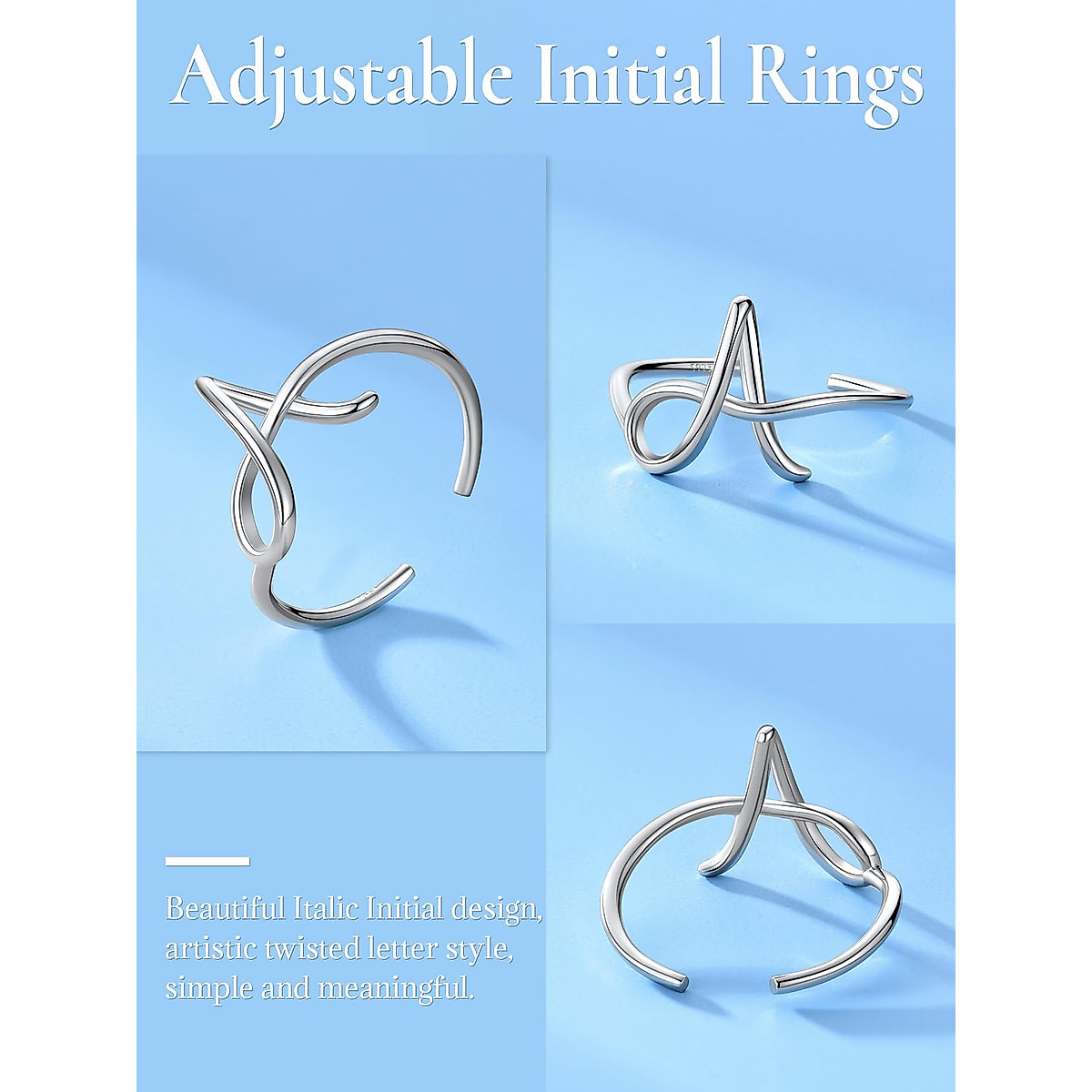 SILVERCUTE Cute Silver Initial Ring Open Adjustable Women Stackable Rings|925 Sterling Silver A-Z 26 Letters Initial Name Rings for Women(Alpahbet A)