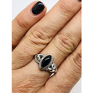 Black Onyx Vintage Gipsy Spiral Side Small Ring 925 Sterling Silver Boho Chic US Size 5 6 7 8 9 (9)