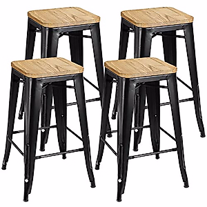 ZENY Metal Bar Stools Set of 4, Counter Height 26" Stools with Wooden Seat Stackable Indoor/Outdoor Barstools, 330 lbs Capacity