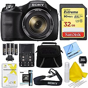Sony DSCH300/B Digital Camera (Black) Bundle with High Speed 32GB Card, Rechargeable AA Batteries and AC/DC Charger, SD Card Reader, Table Top Tripod, LCD Screen Protectors, Padded Case, Memory Wallet+ More