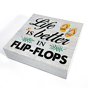 Summer Vacation Wooden Box Sign Desk Decor Life is Better in Flip Flops Wood Block Plaque Box Signs Farmhouse Rustic Box Sign for Home Beach House Shelf Table Decoration (5 X 5 Inch)