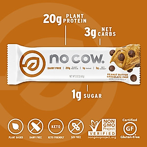 No Cow Peanut Butter Chocolate Chip Snack Food Bar, 12 Count, 20g Plant Protein, 1g Sugar, 19g Fiber, 190 Calories per Serving, Gluten Free, Dairy Free, Non-GMO, Soy Free, Kosher