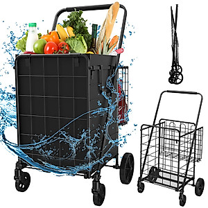 Shopping Cart for Groceries,Jumbo Upgraded Grocery Cart with Waterproof Liner, 360° Rolling Swivel Wheels and Double Basket, Heavy Duty Folding Shopping Cart for Shopping Laundry-Hold Up to 340 LBS