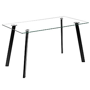 110cm Dining Table Set 5PCS Modern White Tempered Glass Dining Set with 4pcs PVC Leather Chairs Transparent & Creamy (Black)