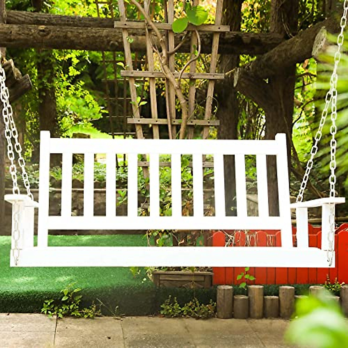 Wood Front Patio Porch Swings Outdoor with Chains Weather Resistant Heavy Duty Hanging Porch Swings 4 Ft, White XL