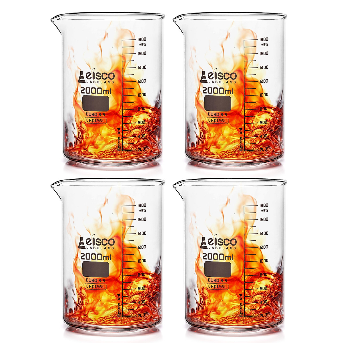 EISCO 4PK Beakers, 2000ml - Low Form with Spout - White, 100ml Graduations - Borosilicate 3.3 Glass