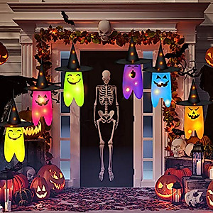 Youlisn Halloween Decorations Outdoor 6pcs Hanging Lighted Ghost Witch Hat 16.4ft LED String Lights Decor with Remote Control and 8 Lighting Mode Suitable for Yard, Party, Indoor, Tree