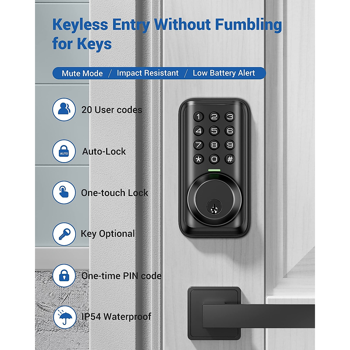 Veise Keyless Entry Door Lock, Electronic Keypad Deadbolt Lock, Auto Lock, 1 Touch Locking & 20 User Codes, Anti-Peeking Password, Easy Installation Design - Matte Black