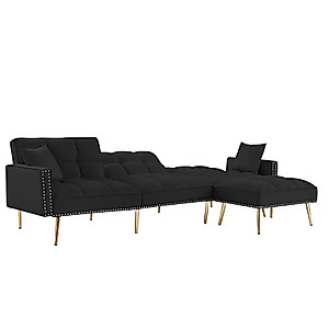 Modern Sectional Sofa with Reversible Chaise Lounge, L-Shaped Couch with 2 Pillows for Living Room Apartment (Black-L)
