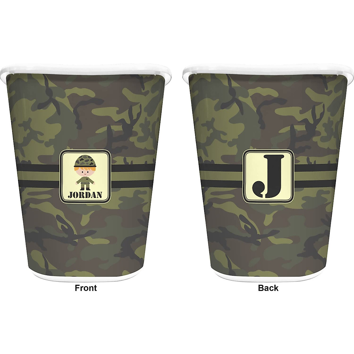 RNK Shops Personalized Green Camo Waste Basket - Double Sided (Black)