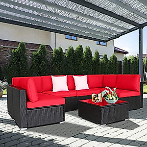 Excited Work 7 PCs Outdoor Patio Furniture Sets PE Rattan Wicker Sofa Sectional Furniture Set with 2 Pillows and Tea Table (Red)