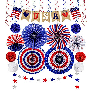 26Pcs Patriotic Decorations 4th of July Decor - LOVE USA Banner Red White Blue Paper Fans Star Streamer Pom Poms Hanging Swirls for Veterans day,Labor Day,Presidents Day,Flag Day