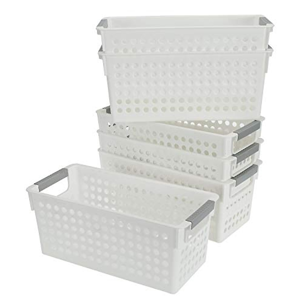 Bekith 6 Pack Plastic Storage Basket, Slim White Organizer Tote Bin Shelf Baskets for Closet Organization, De-Clutter, Accessories, Toys, Cleaning Products
