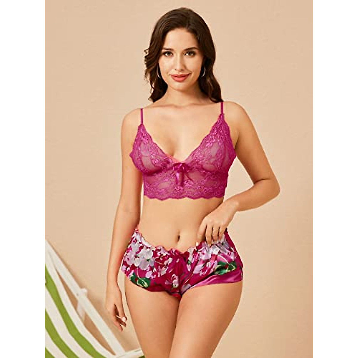 WDIRARA Women's Pajamas Set Lace Satin Sexy Lingerie with Cami Floral Shorts Sleepwear Floral Hot Pink S