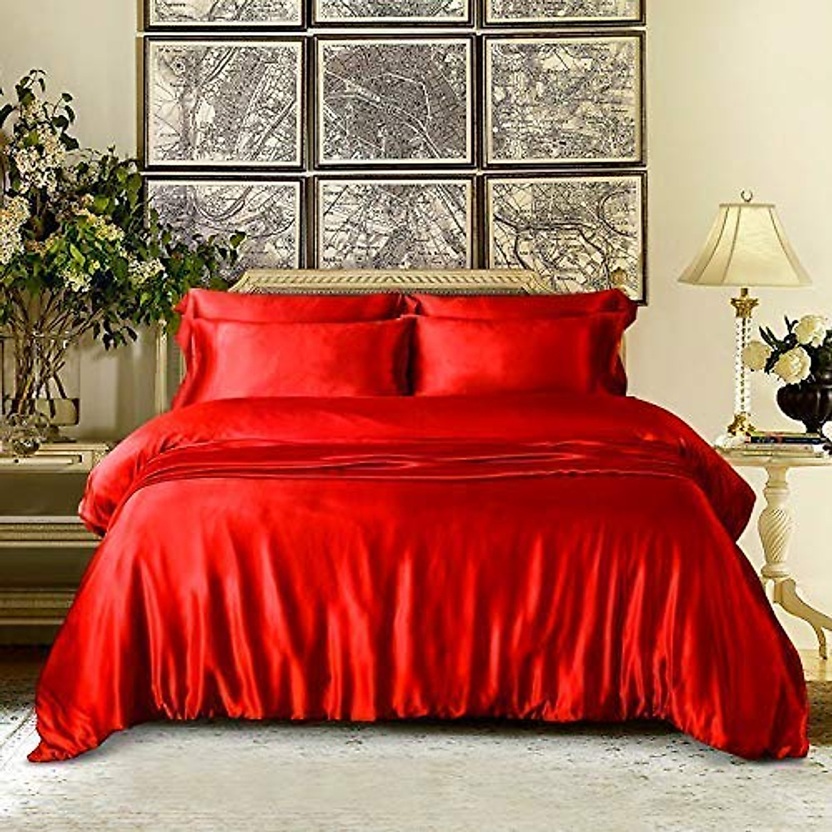 Bed Linen Bedding Sheet Set with Duvet Set | 100% Pure Silk Satin Sheet Set 7pcs Silk Fittef Sheet 15'' Deep Pocket, Silk Flat Sheet, Silk Duvet Cover & Pillowcases Set(King Red)