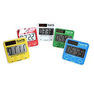 TickiT Dual Power Timers - Set of 5 - Red, Yellow, Green, Blue, White - Solar and Battery Powered Digital Timers - Includes Stand and Wall Mount Slot