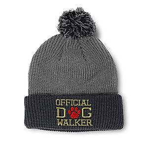 Pom Pom Beanies for Women Official Dog Walker E Embroidery Skull Cap Footprint Funny Winter Hats for Men Acrylic 1 Size Grey Black Design Only