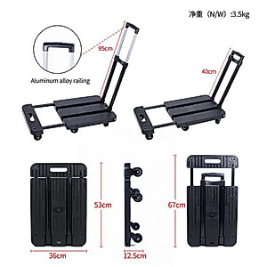 Hand cart Luggage cart Flat Dolly, Folding, Utility Dolly Lightweight Cart with 6 Wheels ，Travel Moving Shopping Office Use，Black