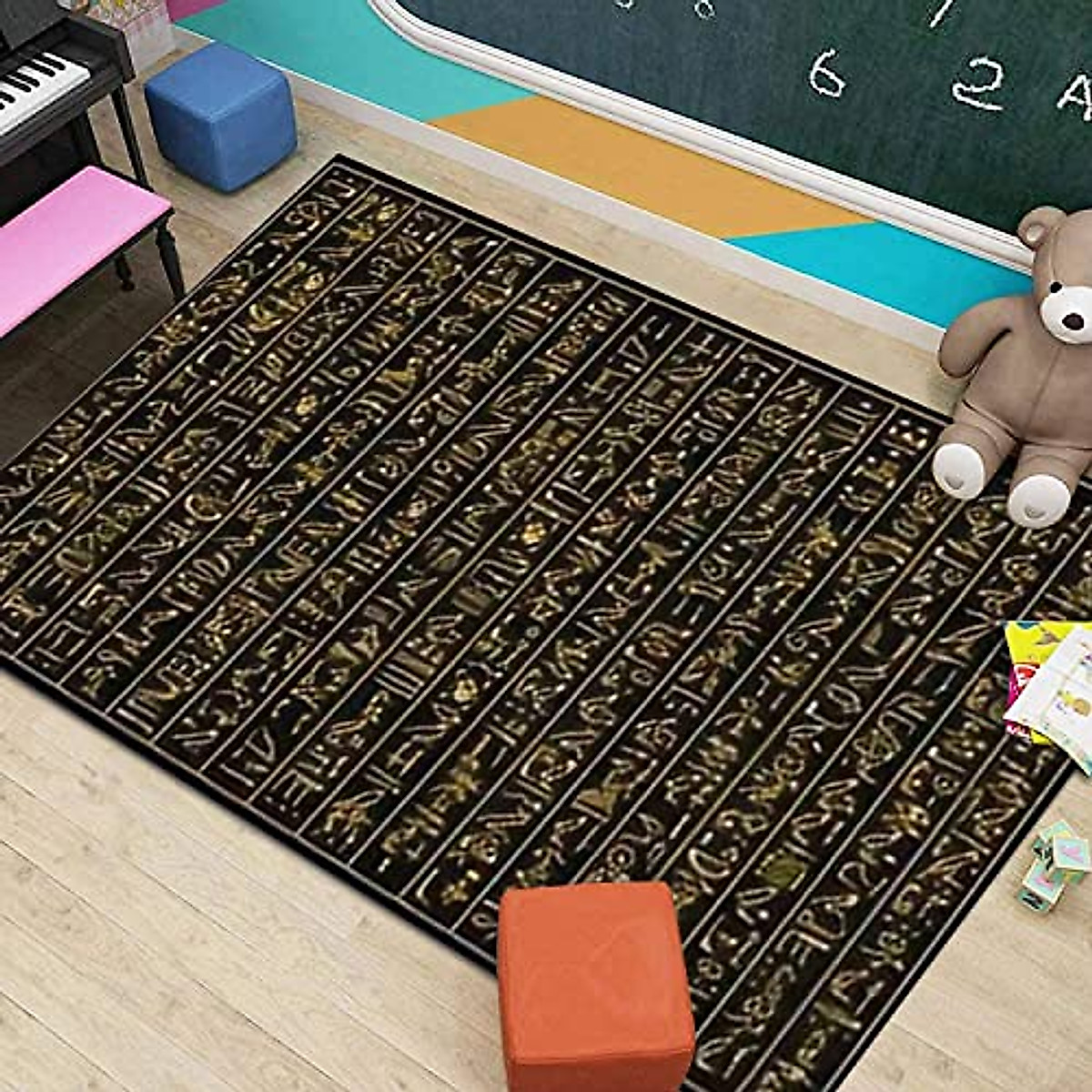 Modern 3D Home Area Rugs Ancient Golden Egyptian Hieroglyphs Alphabet Over Black Ancient Carpets Non-Slip Extra Size Yoga Mat Runner Rug for Living Room Bedroom Girls Playroom Home Decor