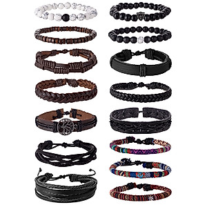 Tornito 15Pcs Braided Leather Bracelet String Wood Bead Woven Ethnic Boho Cuff Wrap Stretch Wristbands Bracelets Set for Men Women Size Adjustable