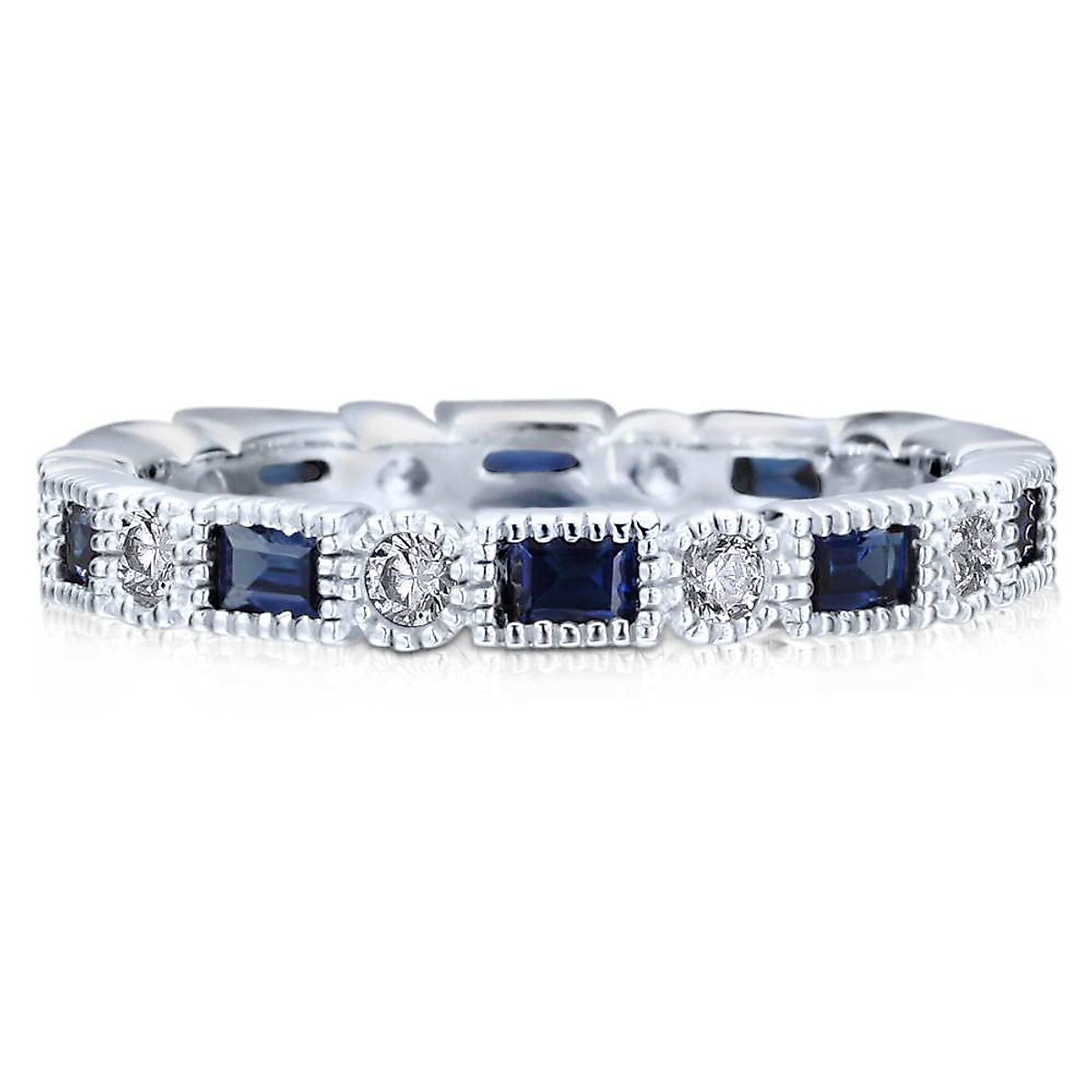 BERRICLE Sterling Silver Art Deco Wedding Rings Simulated Blue Sapphire Milgrain Bezel Set Cubic Zirconia CZ Anniversary Eternity Ring for Women, Rhodium Plated Size 5