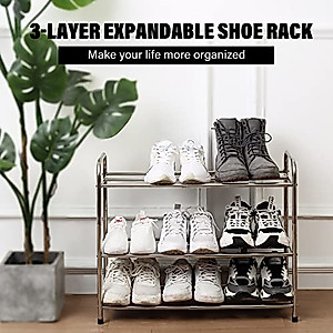 GREATSK 3-Tier Expandable Shoe Rack, Stackable and Adjustable Shoes Organizer Storage Shelf, Sturdy and Durable Metal Structure Free Standing Shoe Rack for Closet Entryway Doorway