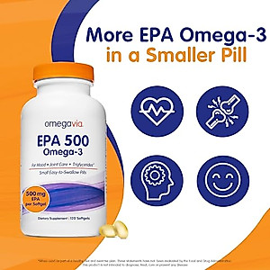 OmegaVia EPA 500, Purified Omega 3 Fish Oil Burpless Softgels, 500 mg EPA in Triglyceride Form, Unflavored Wild Fish Oil Supplements, No Fishy Burps, Non GMO and Gluten Free, IFOS 5-Star, 120 ct