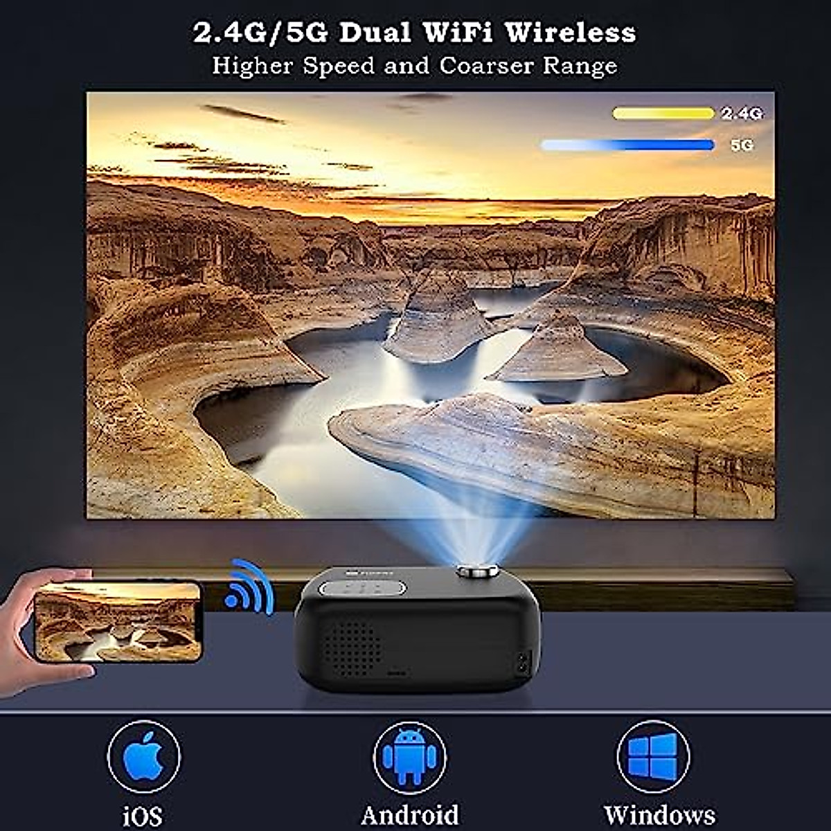 Projector with 5G WiFi and Bluetooth,FunFlix 4k Portable Projector 18000 lumens Native 1080P Full HD,Mini Movie Projector Compatible with Smartphone,HDMI,USB,AV for Home Theater Outdoor Projector