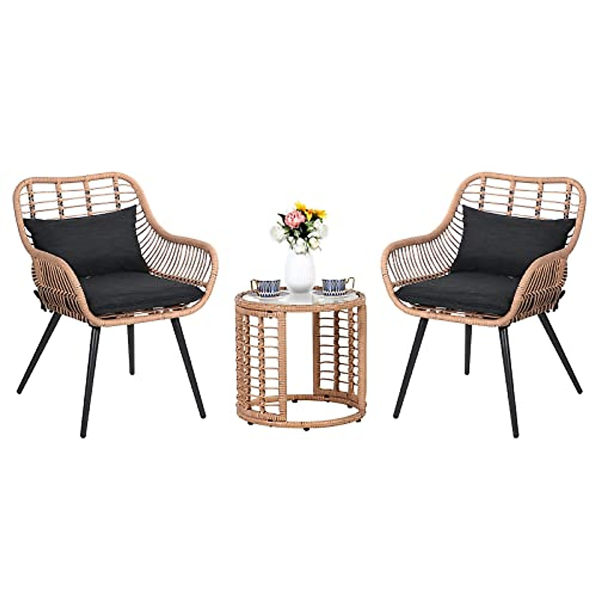 JOIVI 3 Piece Outdoor Wicker Furniture Bistro Set, Patio Rattan Conversation Set with Round Glass Top Coffee Side Table, Cushions and Lumbar Pillows for Porch, Backyard, Deck
