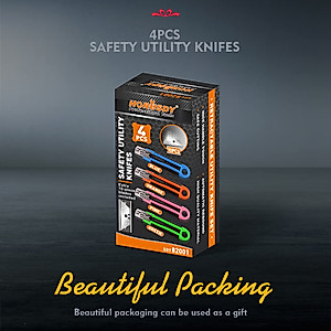 HORUSDY 4-Pack Box Cutter Utility Knife, Safety Retractable Box Cutter for Cardboard, Boxes and Cartons, Extra 10 Blades.