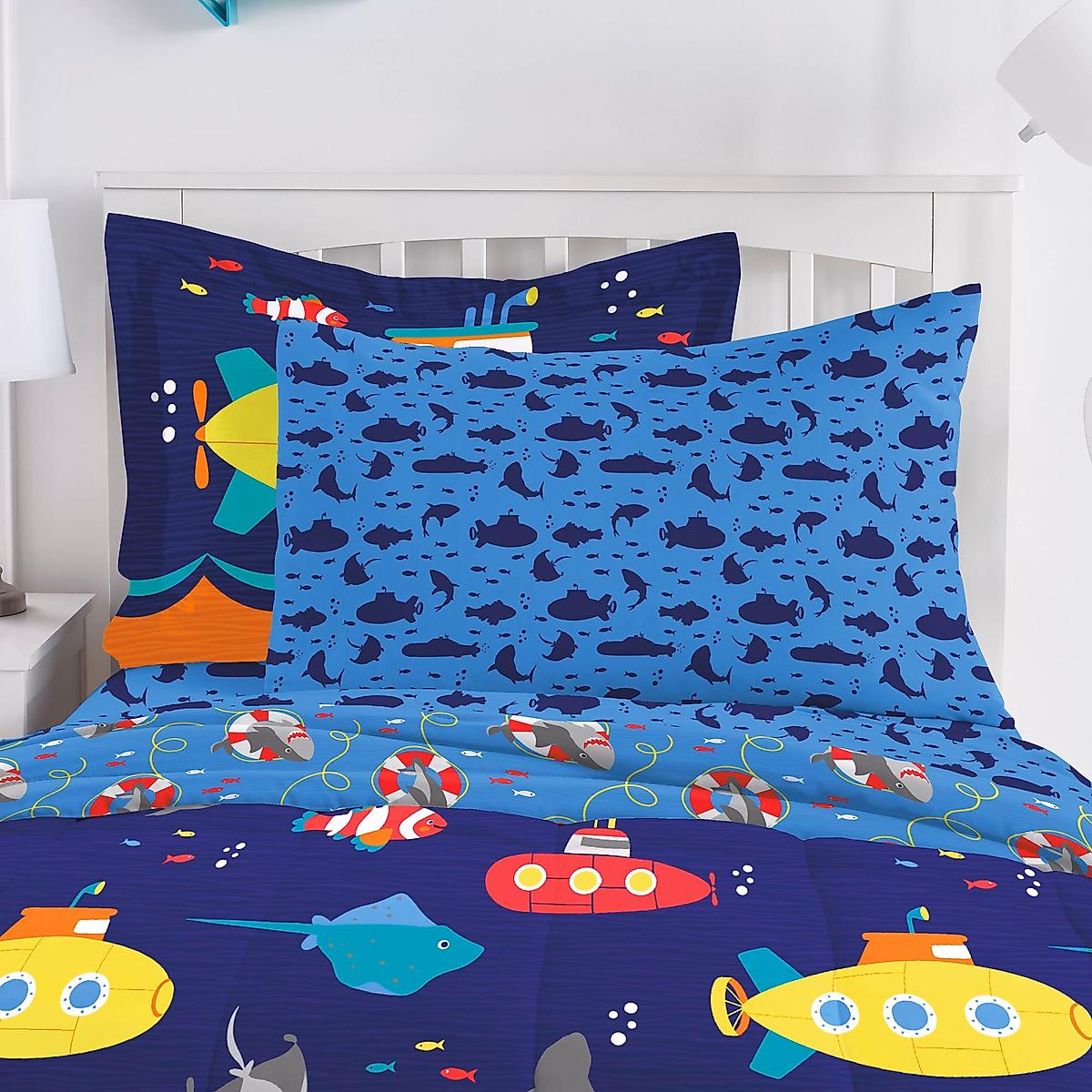 dream FACTORY Kids 5-Piece Complete Set Easy-Wash Super Soft Microfiber Comforter Bedding, Twin, Navy Submarine