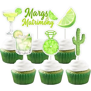 JOYMEMO 24 Pcs Margs & Matrimony Bachelorette Cupcake Toppers - Green Margarita Bridal Shower Decorations, Margaritas and Matrimony Bridal Shower Cake Decor for Mexican Fiesta Wedding Party
