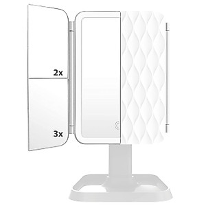 LOVE YOU Studio Makeup Mirror with LED Lights for Makeup Desk - Lighted Makeup Mirror with Magnification - Tri-Fold Personal Light Mirror with Stand