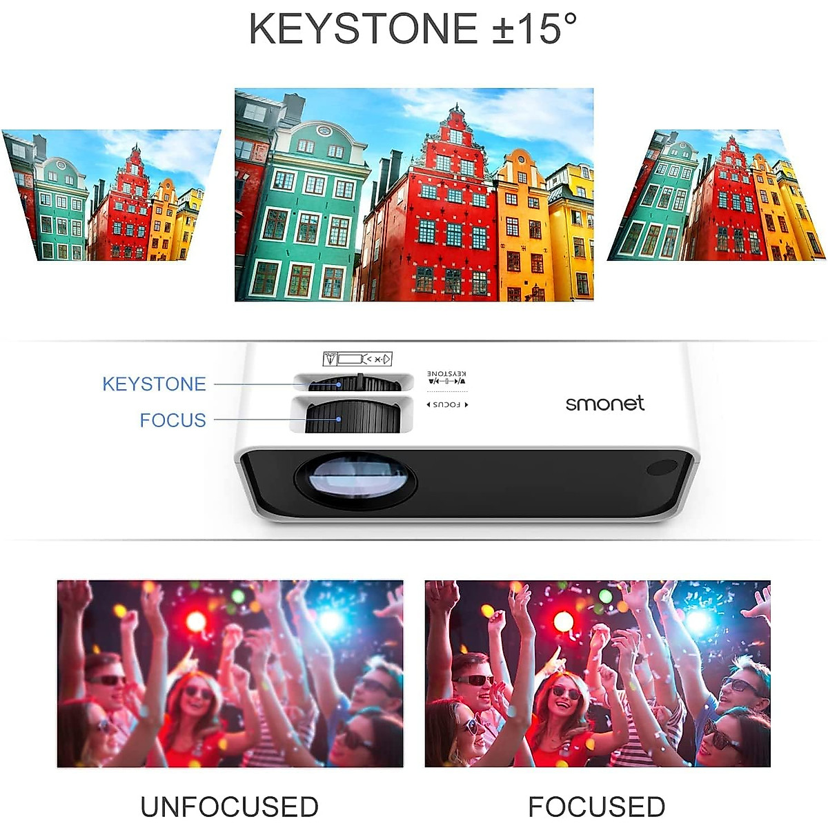 Mini Projector, SMONET 1080P Movie Projector 4K 7500L Home Projector Video TV Projector Portable Mini Projector Outdoor Indoor Wall Compatible with TV Stick Laptops PC PS5 HDMI USB